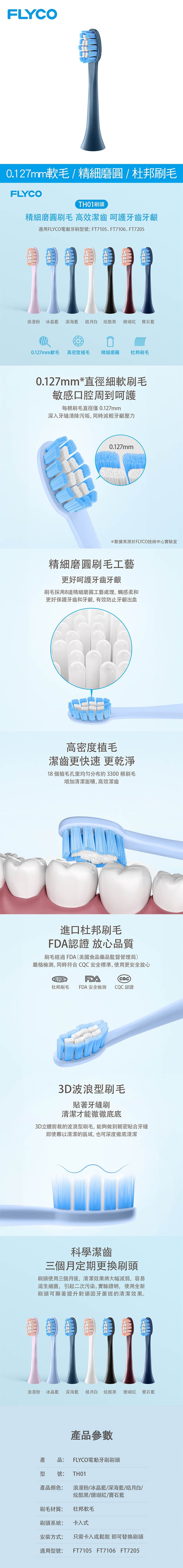 【FLYCO 飛科】FT7105電動牙刷牙刷頭-深海藍 TH01-BU - 鮮拾