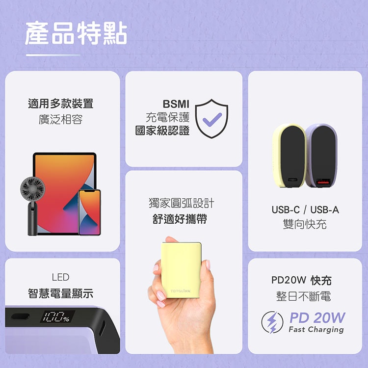 【TOTOLINK】T10000 PD20W Type-C 雙向快充 掌心迷你行動電源_9400mAh(LED電量顯示/適用各種設備) - 鮮拾