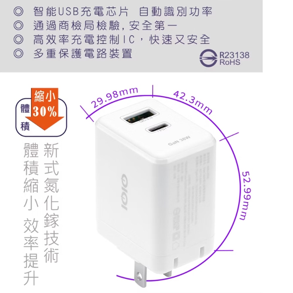 【IOIO】38W CtoL 氮化鎵急速充電器 - 鮮拾