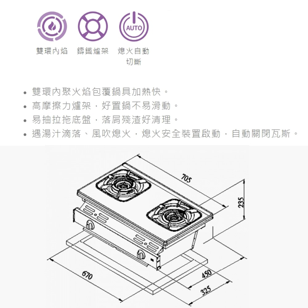 【TOPAX 莊頭北】雙環內焰嵌入爐TG-7603(NG1 原廠安裝) - 鮮拾