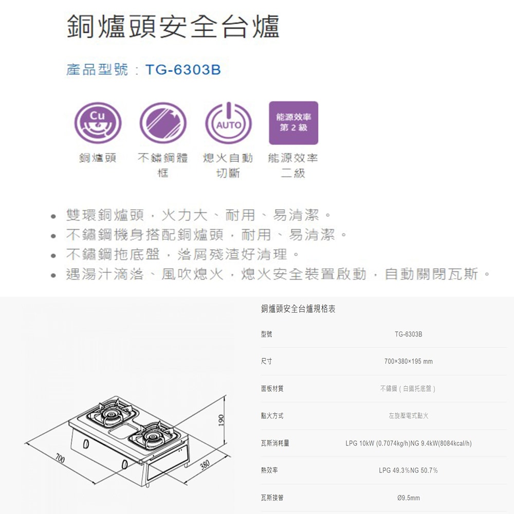 【TOPAX 莊頭北】純銅安全瓦斯爐TG-6303B(LPG 原廠安裝) - 鮮拾