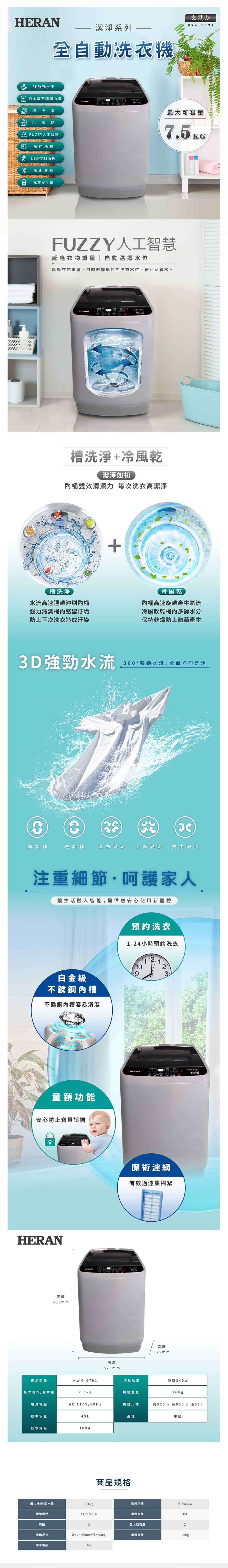 【HERAN 禾聯】7.5公斤全自動直立定頻洗衣機 HWM-0791 - 鮮拾