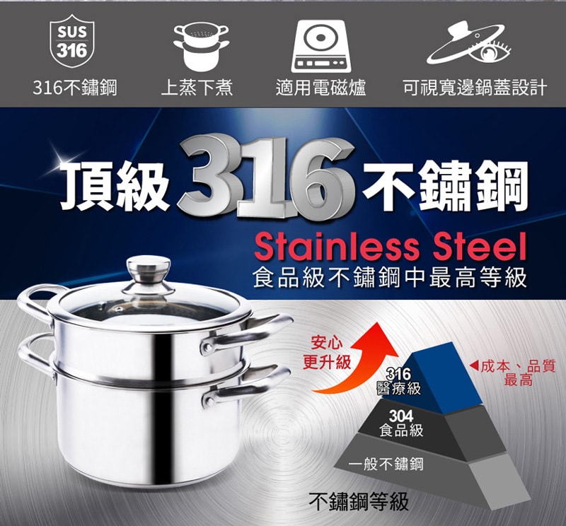 【CookPower 鍋寶】316不鏽鋼蒸籠火鍋24CM(贈湯勺、漏勺) IH/電磁爐通用 - 鮮拾